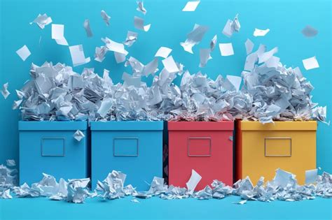Colorful Bins Overflow With Shredded Paper On A Vibrant Blue Background