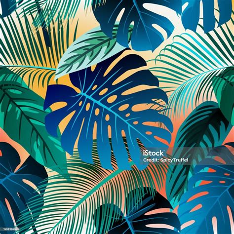 트로픽 리프 바나나 야자 무늬 꽃 벽지 꽃 프린트 녹색 여름 정글 식물 몬스테라 나무 장식 직물 포장지 식물 배경입니다 벡터 원활한 텍스처 연속무늬에 대한 스톡 벡터 아트