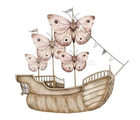 Watercolor Illustration Of An Old Wooden Sailing Ship Where The Sails