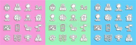 Set Line Folded Map With Location Marker Road Traffic Sign Location House The Globe Push Pin