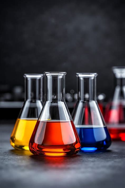 A Row Of Laboratory Flasks Filled With Different Colored Liquids Stock