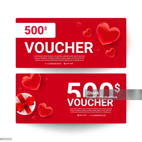 쇼핑 바우처 기프트 카드 템플릿은 사실적인 달콤한 사랑 모양 장식과 500 달러 숫자로 설정됩니다 할인 카드 쿠폰 해피 발렌타인 데이 컨셉 2021년에 대한 스톡 벡터 아트