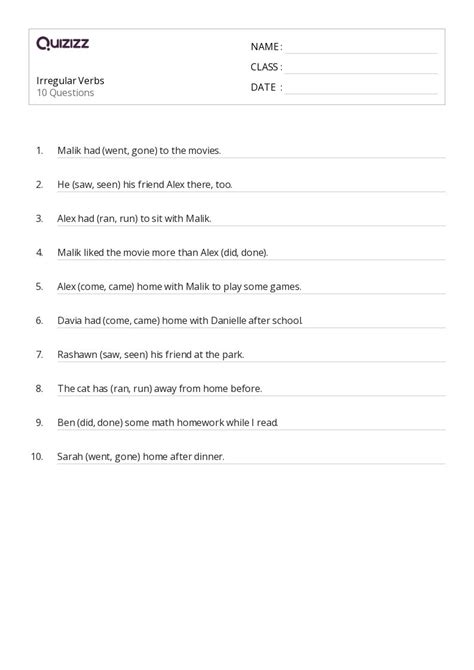 50 Irregular Verbs Worksheets For 3rd Grade On Quizizz Free And Printable