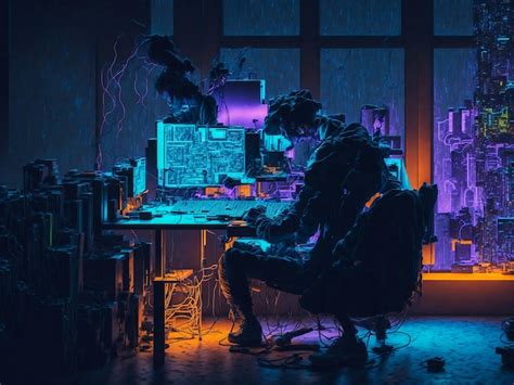 Premium Ai Image Student Doing Coding On His Computer Setup With Proper Lighting In Night