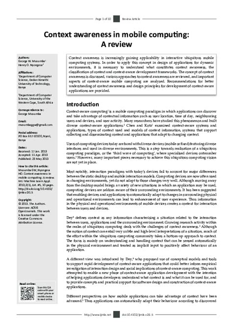 Pdf Context Awareness In Mobile Computing A Review