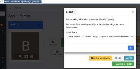 smtp connect failed when clicking verify info under a member page