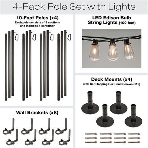Premium String Light Pole 4 Pack With 100 Of Led Edison Bulb String