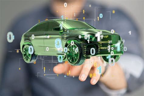 Green Car 3d Rendering Hologram Surrounded By Binary Codes With A