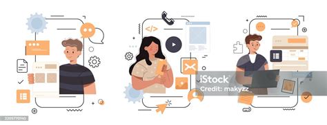 App Development Concept Set Developers Write Code Testing Create Page Layout People Isolated