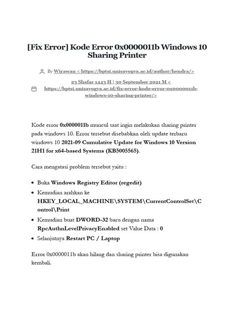 Fix Error Kode Error 0x0000011b Windows 10 Sharing Printer Bptsi