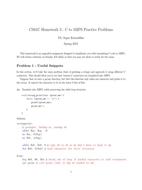 Cs61c Homework 3 C To Mips Practice Problems Problem 1 Useful