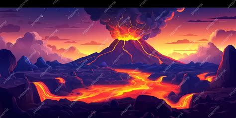 A Dynamic Cartoon Volcano Landscape With Molten Lava Flowing Down The