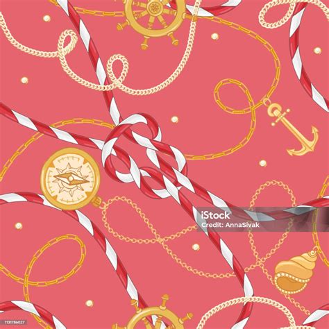 패브릭 디자인에 대 한 황금 체인과 앵커 패션 완벽 한 패턴입니다 밧줄 매듭과 해상 요소와 해양 배경입니다 벡터 일러스트 귀여운에 대한 스톡 벡터 아트 및 기타 이미지