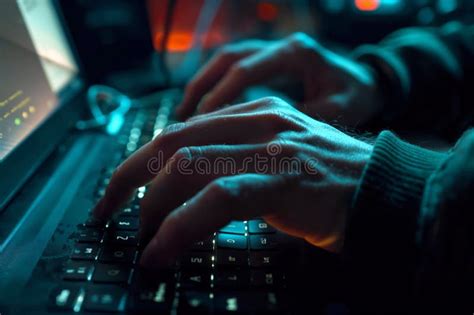 hacker typing on notebook keyboard in dark room stock illustration