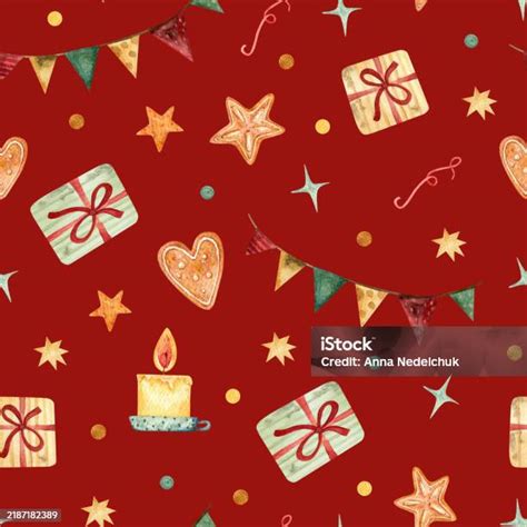 새해와 크리스마스에 대 한 패턴입니다 빨간 배경에 고립 된 크리스마스 장식을 가진 아버지 수채화 그림 양말 선물 리본 선물 별 촛불 쿠키 0명에 대한 스톡 벡터 아트 및