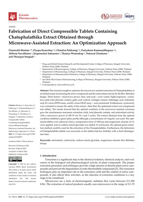 Pdf Fabrication Of Direct Compressible Tablets Containing Chatuphalathika Extract Obtained