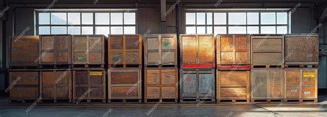 Huge Wooden Crates Piled High In A Storage Room Large Cartons Of