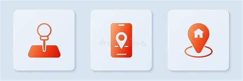 Set City Map Navigation Push Pin And Location With House White Square Button Stock Vector