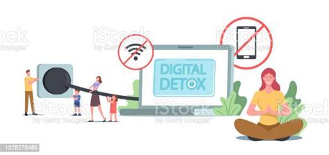 디지털 해독 개념 작은 문자는 거대한 노트북 플러그와 소켓을 분리 소셜 미디어 네트워크를 종료 오프라인 휴식 소셜 네트워킹에 대한 스톡 벡터 아트 및 기타 이미지 Istock