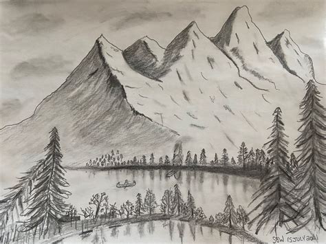 Mountain Lake Pencil Drawing Detailed Mountain Scene Graphite