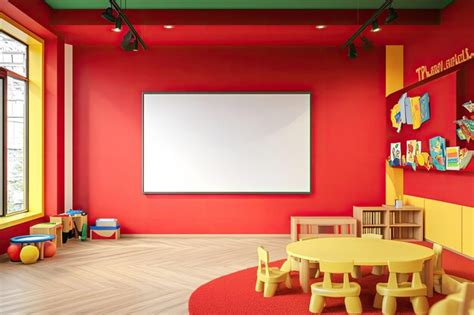 3d Render Of Classroom And Whiteboard On The Red Wall Classroom