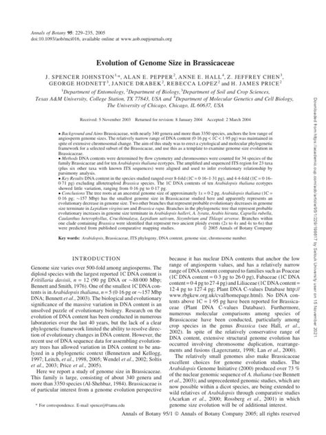 Johnston 2005 Evolution Of Genome Size In Brassic Pdf Botany Arabidopsis Thaliana