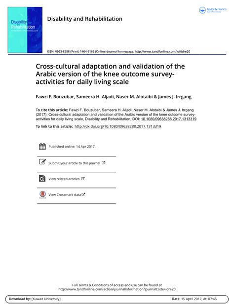 Pdf Cross Cultural Adaptation And Validation Of The Arabic Version Of The Knee Outcome Survey