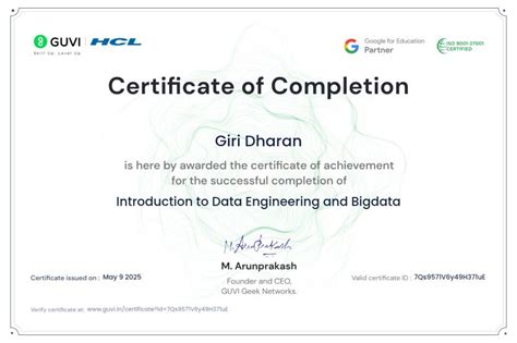 Dataengineering Bigdata Guvi Certification Lifelonglearning Skillup Giri Dharan