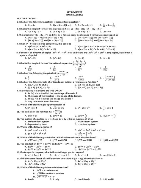 Math Let Reviewer 40 Basic Algebra Pdf Function Mathematics Length