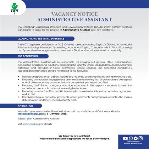 Cardi Vacancy Administrative Assistant St Kitts And Nevis Caribbean Agricultural Research