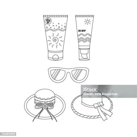 선크림 모자 선글라스 여름 여행을 위한 해변 세트 바다 휴가를 위한 휴가 액세서리 라인 아트 0명에 대한 스톡 벡터 아트 및 기타 이미지 Istock