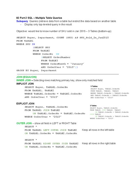 Database Subquery And Join 02 Part 2 Sql Multiple Table Queries