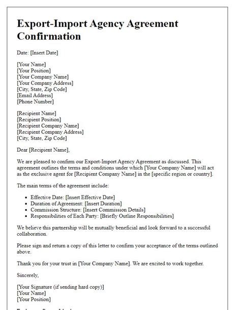 Letter Template For Export Import Agency Agreement Free Samples In