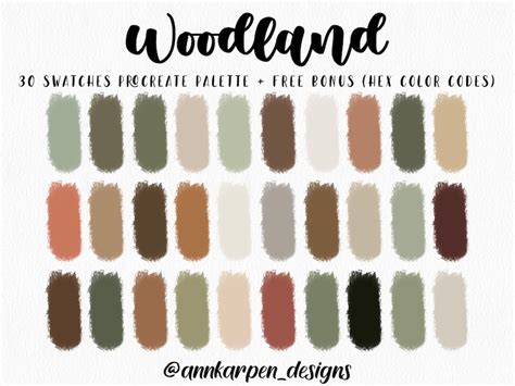 Woodland Procreate Palette 30 Hex Handpicked Colors Instant Digital