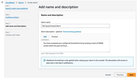 configure amazon ses sending quota alerts