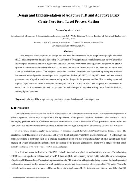 Pdf Design And Implementation Of Adaptive Pid And Adaptive Fuzzy Controllers For A Level