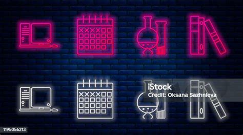 설정 라인 달력 테스트 튜브 및 플라스크 화학 실험실 테스트 키보드와 마우스와 종이 와 사무실 폴더 컴퓨터 모니터 및 문서 벽돌 벽에 빛나는 네온 아이콘입니다 벡터 0명에