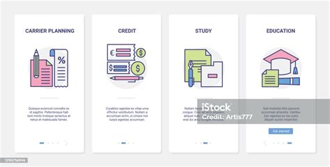 뱅킹 및 신용 Ux 라인 파이낸스 기호로 설정 된 모바일 앱 페이지 화면 설정 Ui 온보딩 개념에 대한 스톡 벡터 아트 및 기타 이미지 Istock