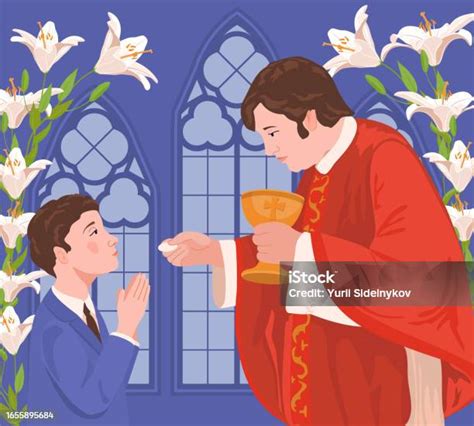 첫 영성체 동안 파란 옷을 입은 소년 제사장이 빵을 들고 있다 벡터 그림입니다 기독교 전통의 의식으로 교회 회원이 성찬례를