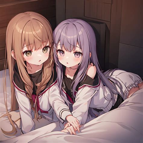 Anime Image Of Two Girls Laying On A Bed With Their Arms Around Each