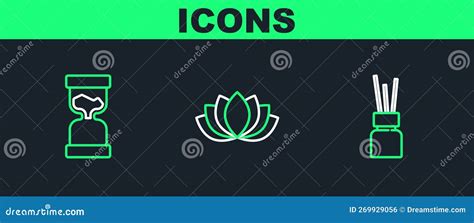 Set Line Aroma Diffuser Old Hourglass And Lotus Flower Icon Vector