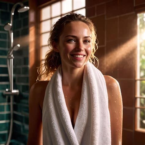 Mulher Sorridente Molhada E Usando Toalha De Banho No Chuveiro Imagem
