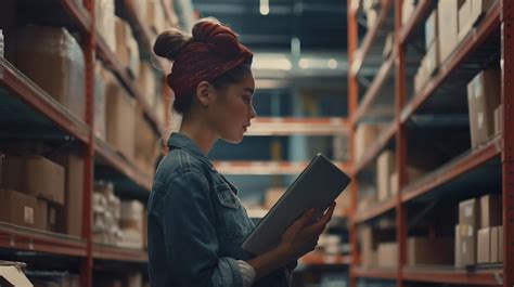 Premium Photo Woman Checking Tablet In Warehouse