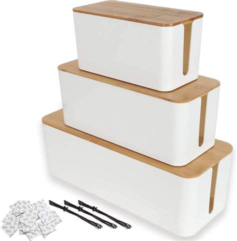 Set Van 3 Kabelbox Wit Grote Kabelorganizer Box Met Houten Deksel