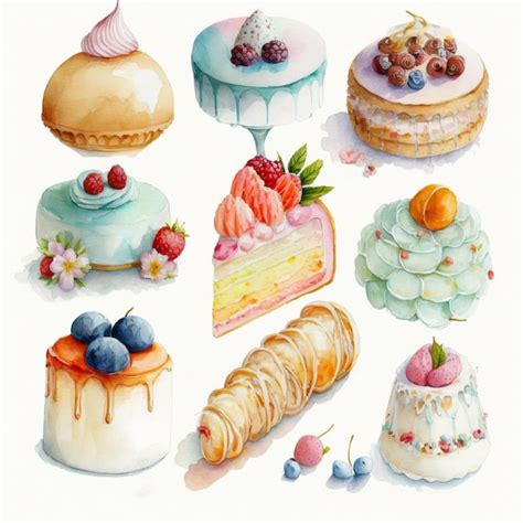 Coleção De Pastelaria Francesa Em Aquarela Bem Delicada Cada Pastelaria é Um Tipo Diferente