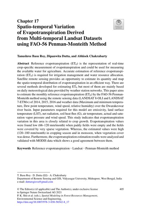 Pdf Spatio Temporal Variation Of Evapotranspiration Derived From Multi Temporal Landsat