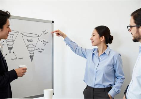 A Man And Woman Are Pointing To A Whiteboard With A Funnel Diagram