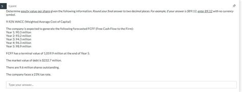 Solved 1 Point Determine Equity Value Per Share Given The