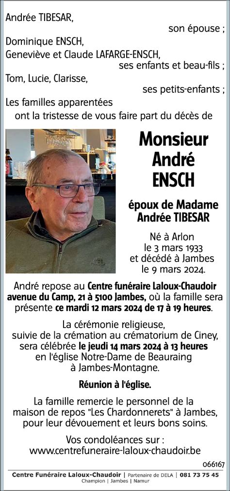Avis De Décès De André Ensch Décédé Le 09 03 2024 à Jambes Annonce