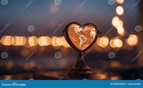 A Heart Shaped Globe On A Stand With Blurred Lights In The Background